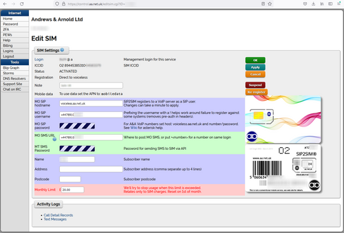 SIP2SIM: Control Page Settings - AAISP Support Site
